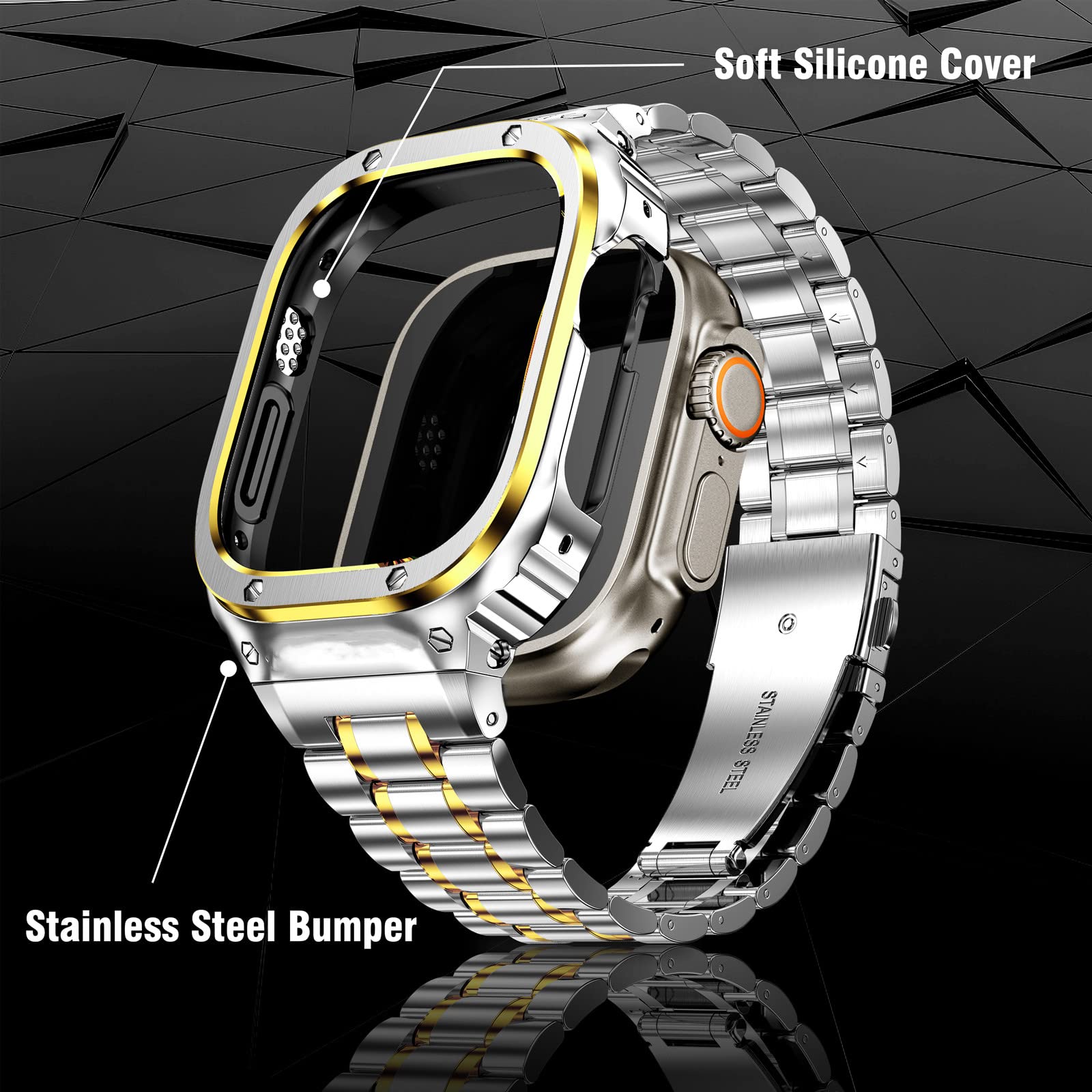 HASLFM Stainless Steel Watch Band with Case Compatible with Apple Watch Ultra/Ultra 2(49mm),Metal Strap and Rugged Protective Cover for iWatch Bands Cases Men, Silver/Gold