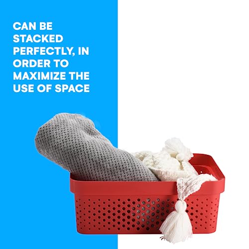 Bins & Things Plastic Storage Bin - Basket Organizer Bins - Suitable as Laundry Bin, Closet Basket, Book Shelf, Pantry Storage - Room Essentials - For Bathroom, Cabinet, & Kitchen - Set of 6 - Red