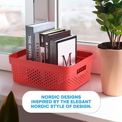 Bins & Things Plastic Storage Bin - Basket Organizer Bins - Suitable as Laundry Bin, Closet Basket, Book Shelf, Pantry Storage - Room Essentials - For Bathroom, Cabinet, & Kitchen - Set of 6 - Red