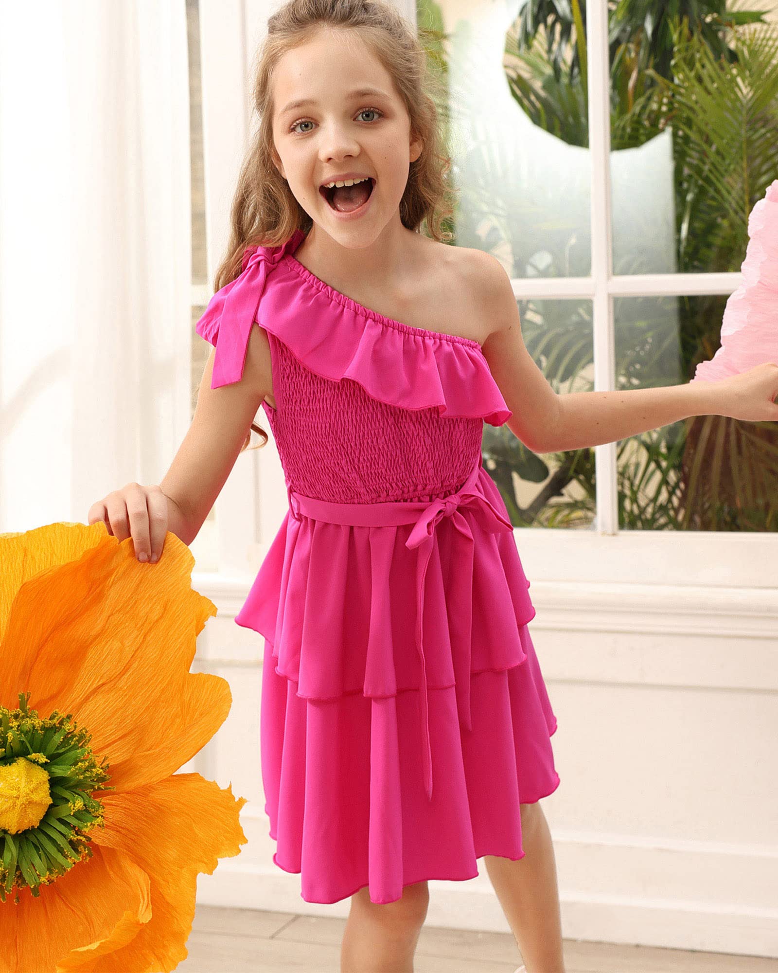 Danna Belle Pink Dress for Girls Summer Party One Shoulder Sleeveless Ruffle Dresses Size 7