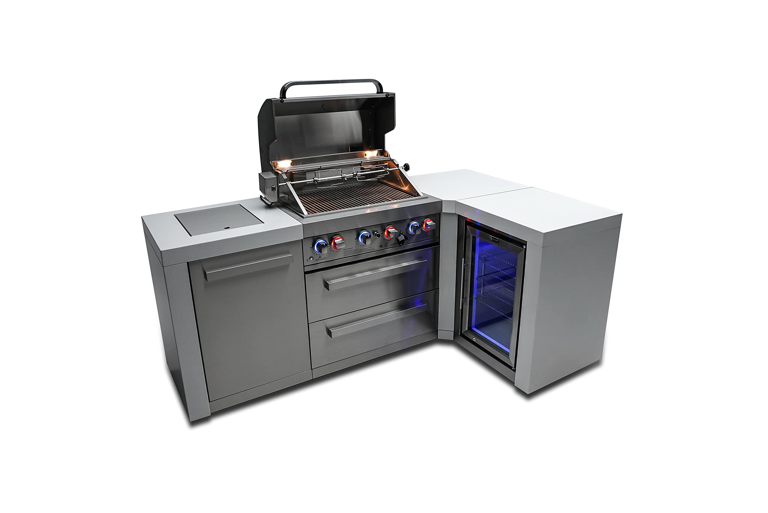 Mont Alpi MAi400-D90FC 32-Inch 4-Burner 78000 BTU 90 Degree Corner Stainless Steel Gas Outdoor Kitchen Barbecue Island Grill + Infrared Side Burner + Wine Cooler Beverage Center Compact Refrigerator