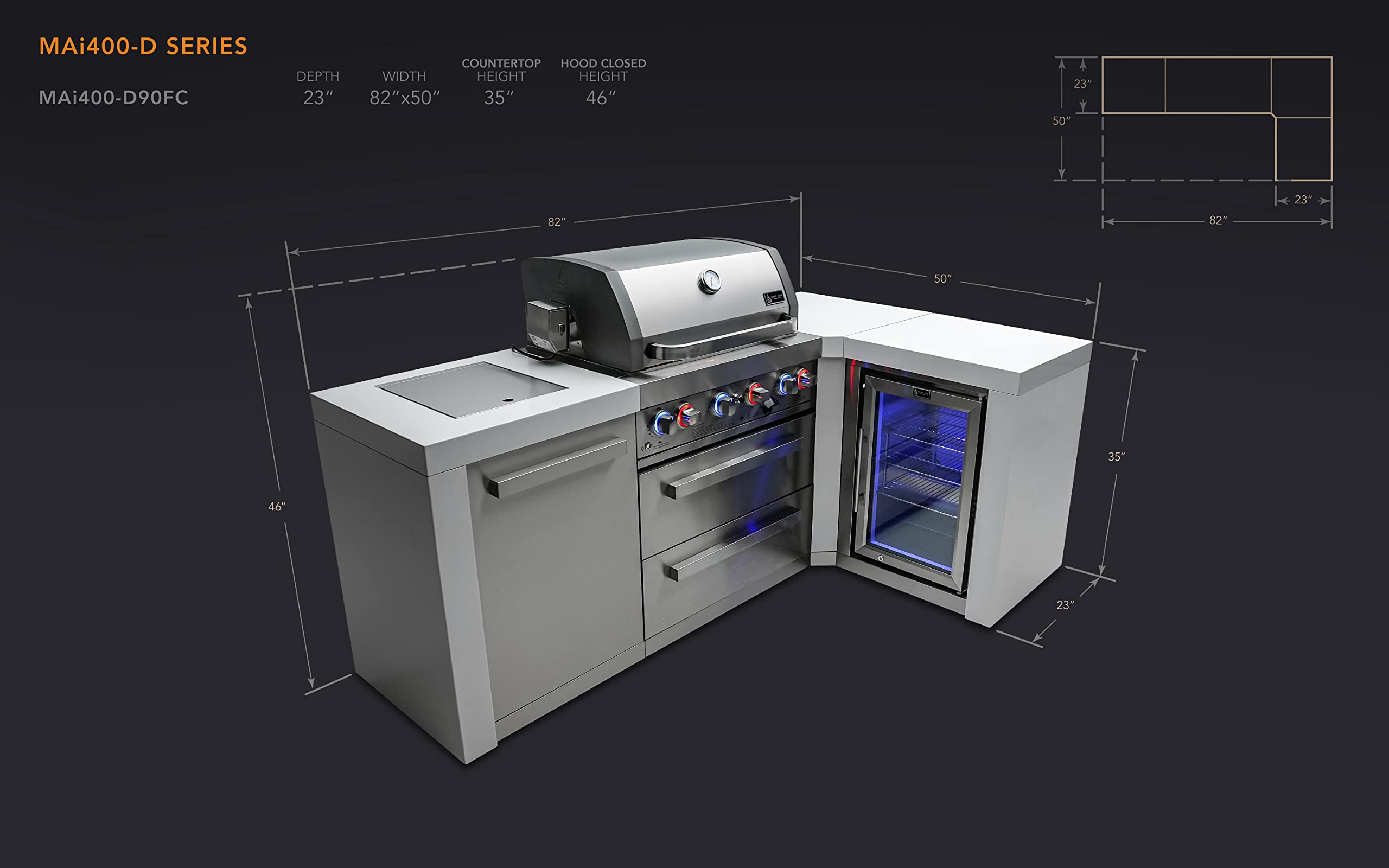 Mont Alpi MAi400-D90FC 32-Inch 4-Burner 78000 BTU 90 Degree Corner Stainless Steel Gas Outdoor Kitchen Barbecue Island Grill + Infrared Side Burner + Wine Cooler Beverage Center Compact Refrigerator