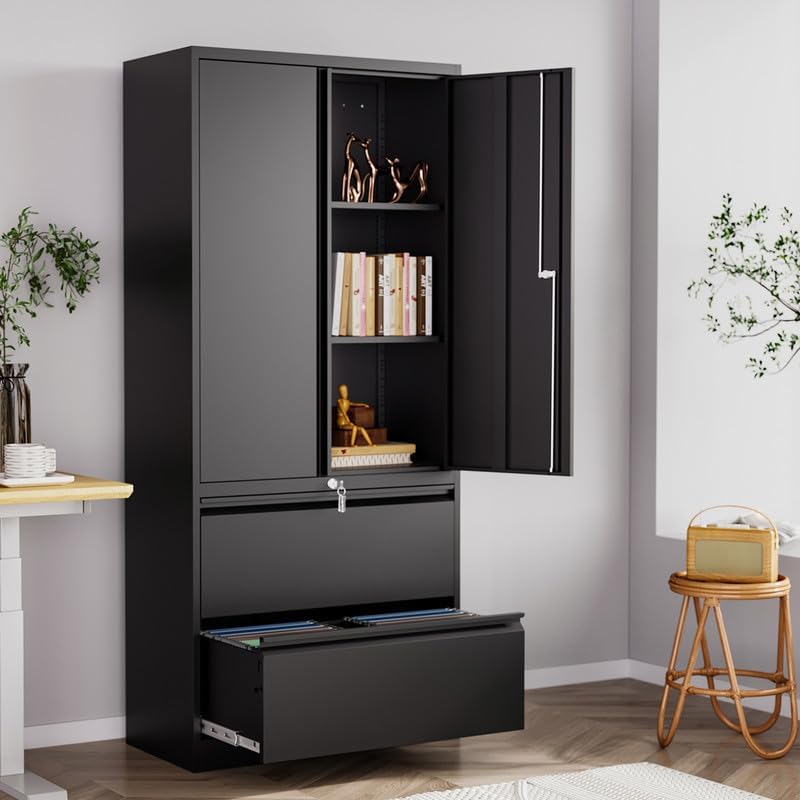 AFAIF Metal File Cabinets, Lateral Filing Cabinet with 2 Drawers,70" H File Cabinet for Home Office, Office Storage Cabinet with Adjustable Storage Shelves for Letter/Legal/A4 Size Files,Black
