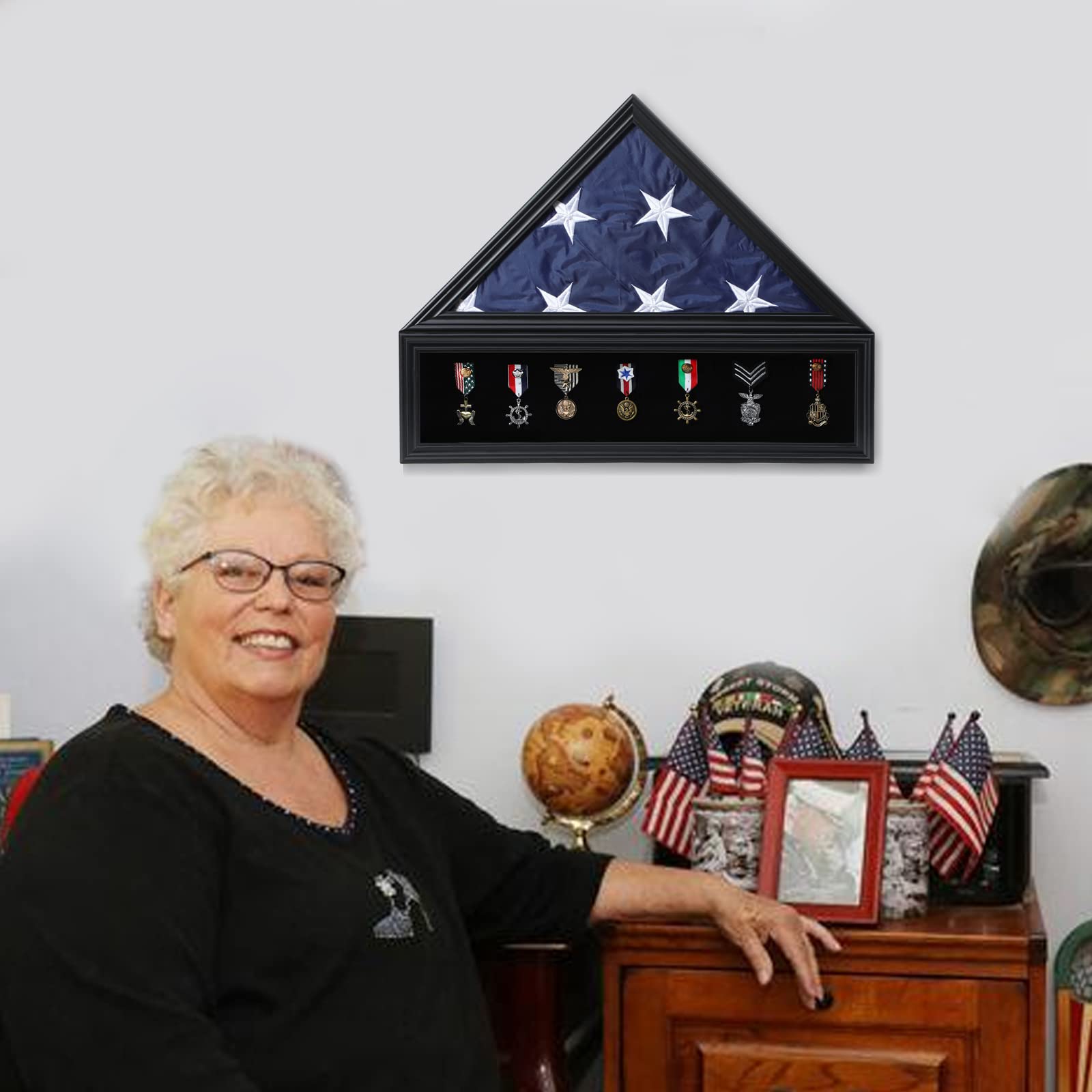 Zmiky Veteran Burial Flag Display Case American Flag Solid Wood Display Case Fits a 5 X 9.5 Flag Folded Military Shadow Box with Felt Lining Holder for Pins Insignia Medals, Black