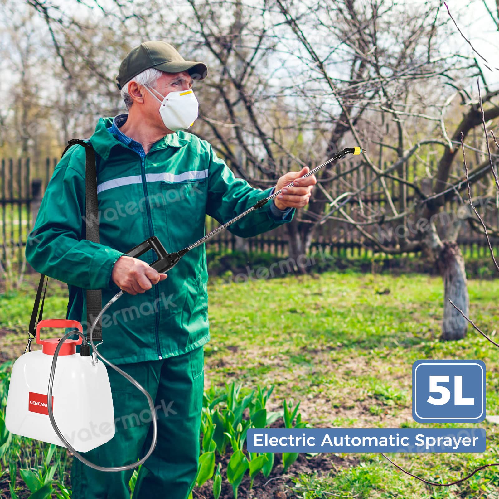 CENCANON 1.35 Gallon Battery Powered Sprayer, Electric Sprayer with USB Rechargeable Handle, Potable Garden Sprayer with Telescopic Wand, 2 Mist Nozzles and Adjustable Shoulder Strap