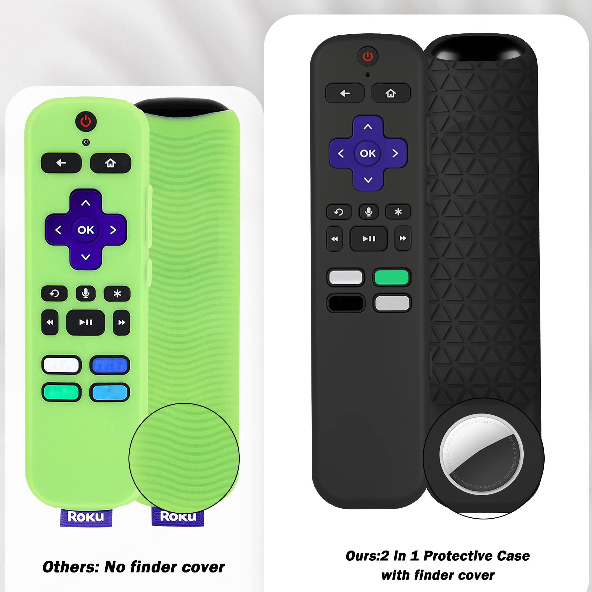 Seltureone 2 in 1 Remote Cover with AirTag Holder for Roku - Silicone Protective Case, Anti Slip Shock Absorption Washable, Black