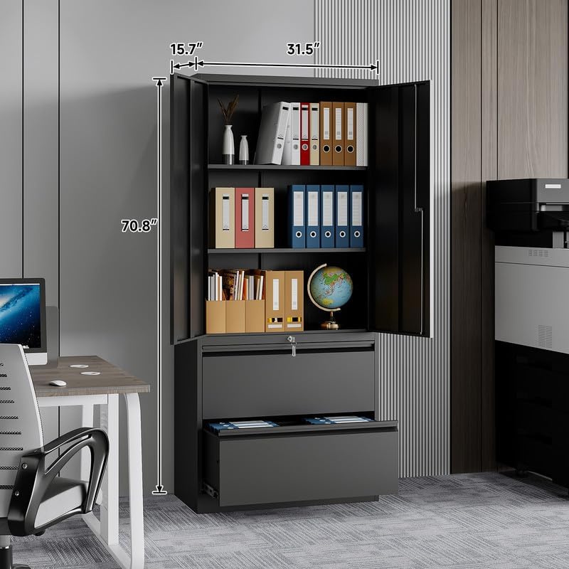 AFAIF Metal File Cabinets, Lateral Filing Cabinet with 2 Drawers,70" H File Cabinet for Home Office, Office Storage Cabinet with Adjustable Storage Shelves for Letter/Legal/A4 Size Files,Black