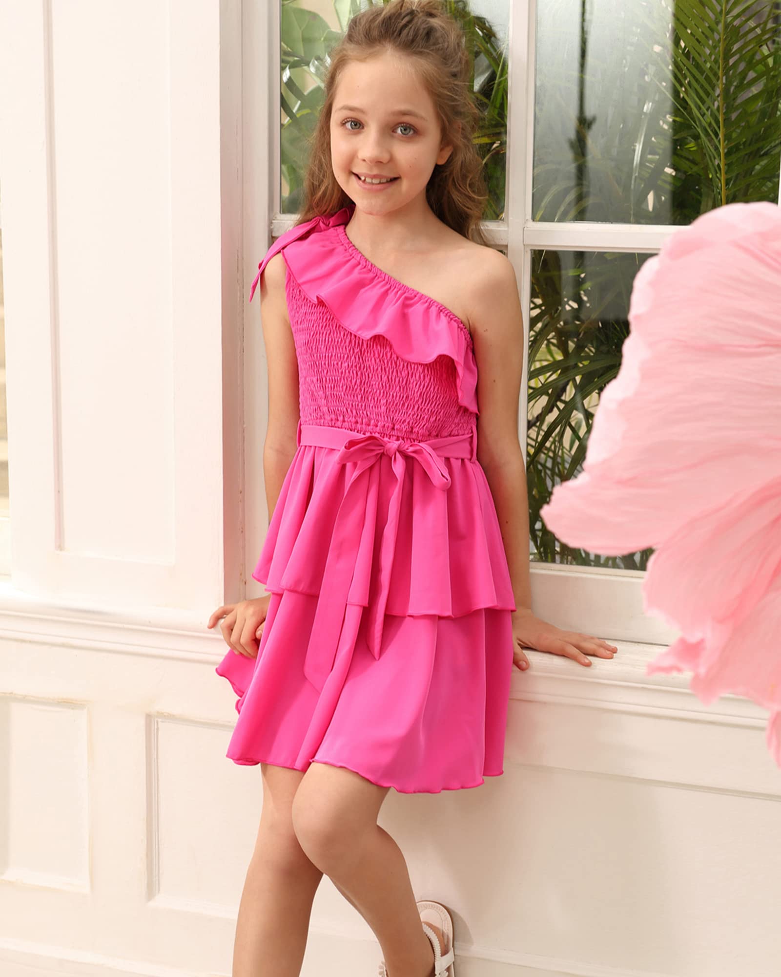 Danna Belle Pink Dress for Girls Summer Party One Shoulder Sleeveless Ruffle Dresses Size 7