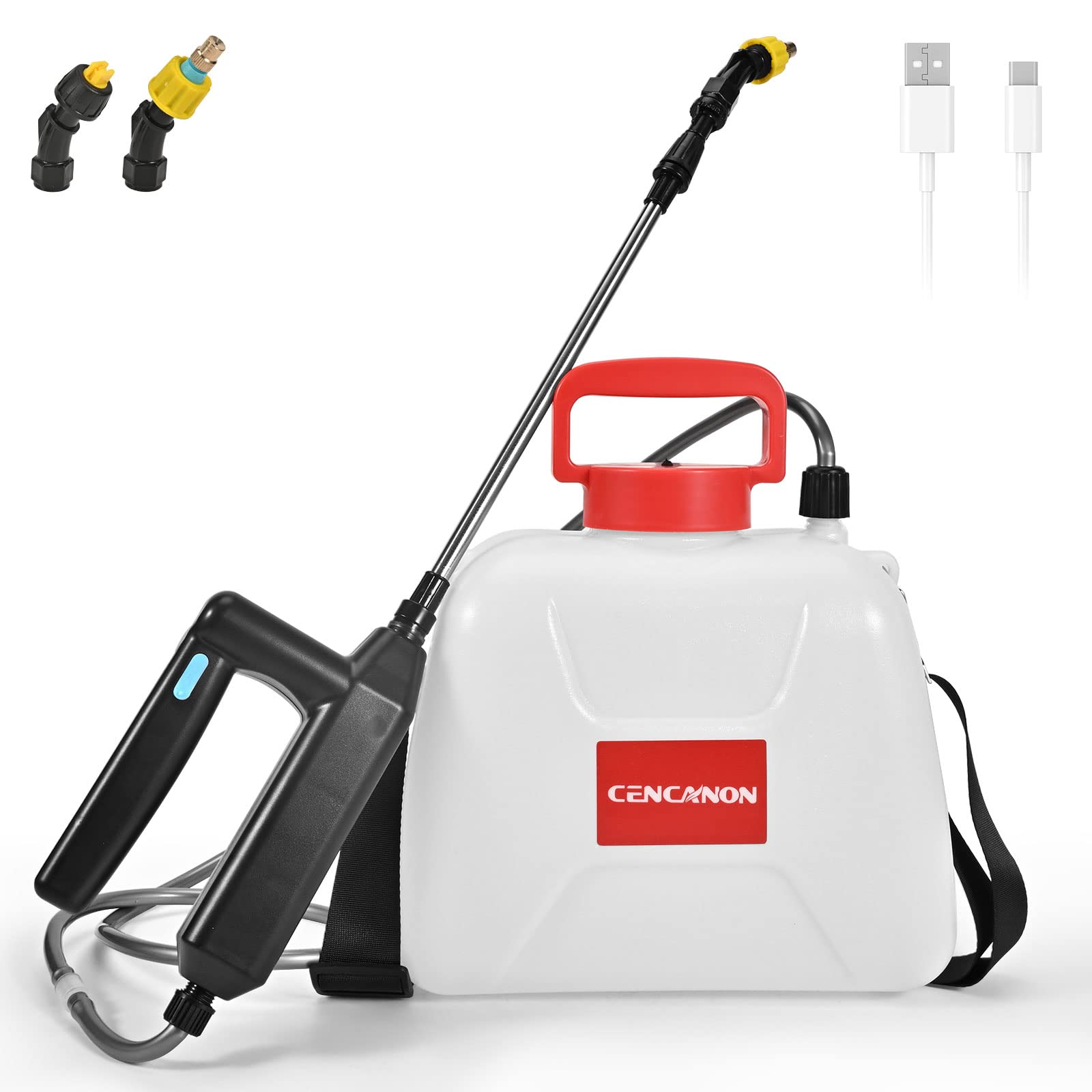 CENCANON 1.35 Gallon Battery Powered Sprayer, Electric Sprayer with USB Rechargeable Handle, Potable Garden Sprayer with Telescopic Wand, 2 Mist Nozzles and Adjustable Shoulder Strap
