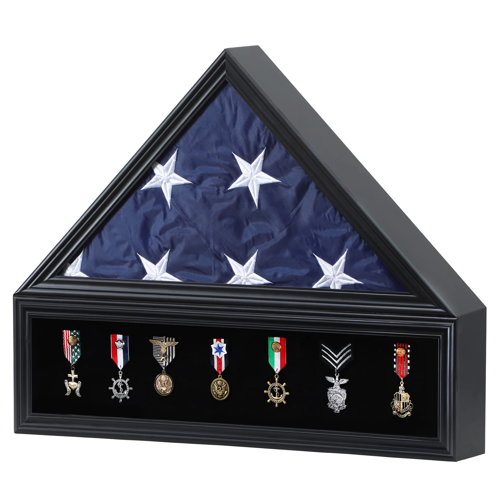 Zmiky Veteran Burial Flag Display Case American Flag Solid Wood Display Case Fits a 5 X 9.5 Flag Folded Military Shadow Box with Felt Lining Holder for Pins Insignia Medals, Black