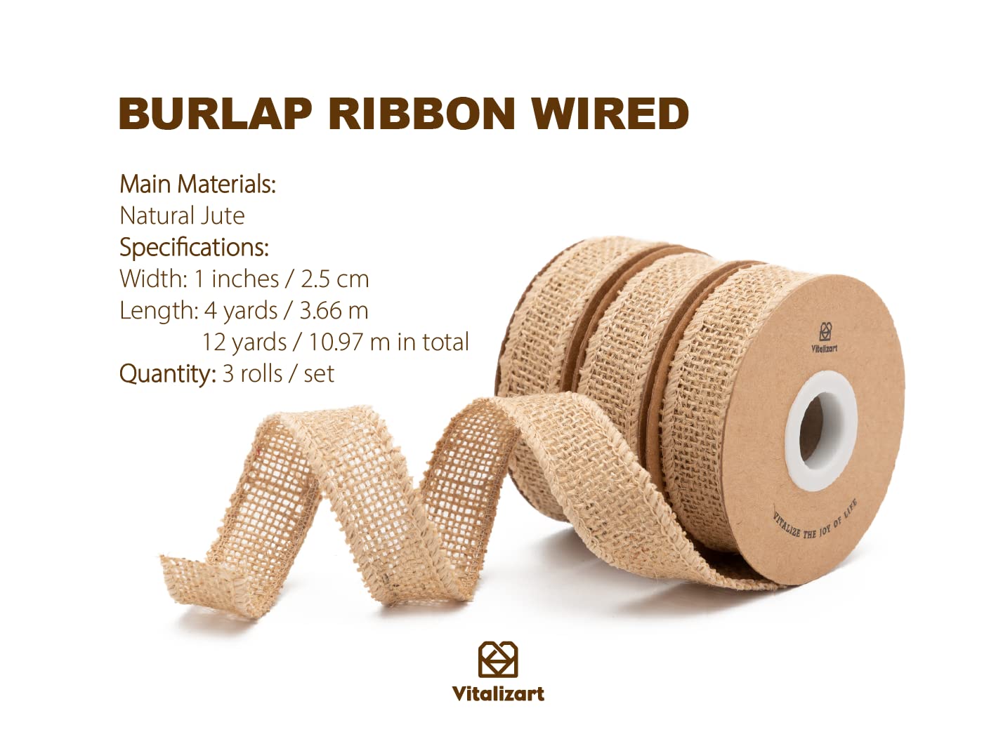 Vitalizart Burlap Ribbon Wired 1 Inch x 12 Yard Natural Burlap Fabric Jute Ribbon for Gift Wrapping Home Decor Wedding Decor Fall Decor Burlap Bows Flower Bouquet Christmas Tree