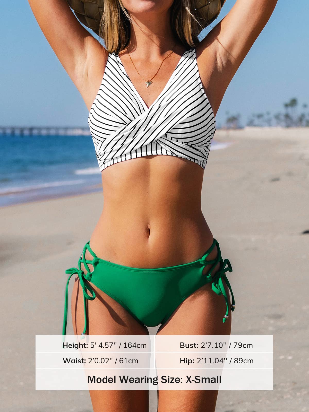 CUPSHE Womens Swimwear Swimsuit Bikini Set Striped Wrapped Front Lace Up Back Strappy Two Piece Bathing Suit, Large, Cadmium Green