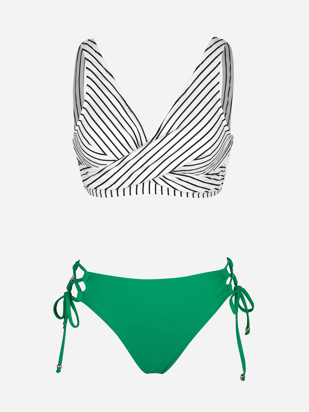 CUPSHE Womens Swimwear Swimsuit Bikini Set Striped Wrapped Front Lace Up Back Strappy Two Piece Bathing Suit, Large, Cadmium Green