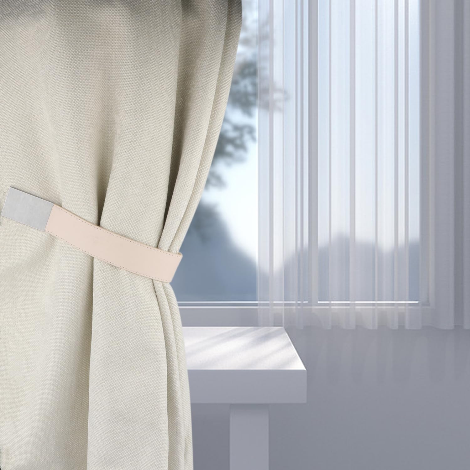 Magnetic Curtain Tiebacks Leather Curtain Outdoor Ties Modern Tie Backs Drapes Curtains Buckle Drapery Holdbacks for Home Office Cafe Balcony Decor 2 Pcs (Rice White)