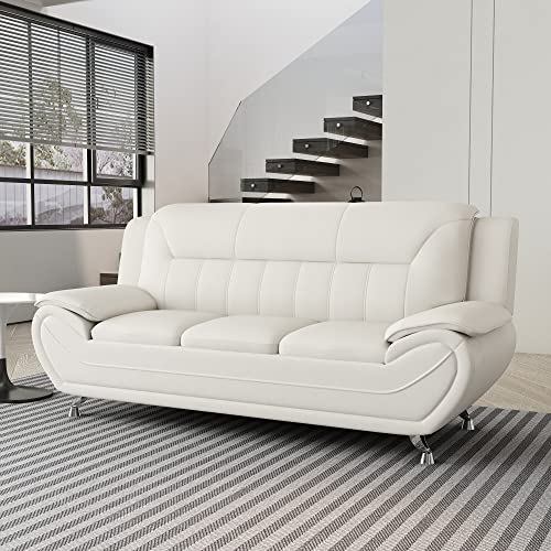 US Pride Furniture Michael Collection Modern Style Faux Leather Couch-Versatile 3 Seater Accent Piece for Living Room, Bedroom or Office-Comfortable Design and Elegant Look, 79" Sofa, Snowy White