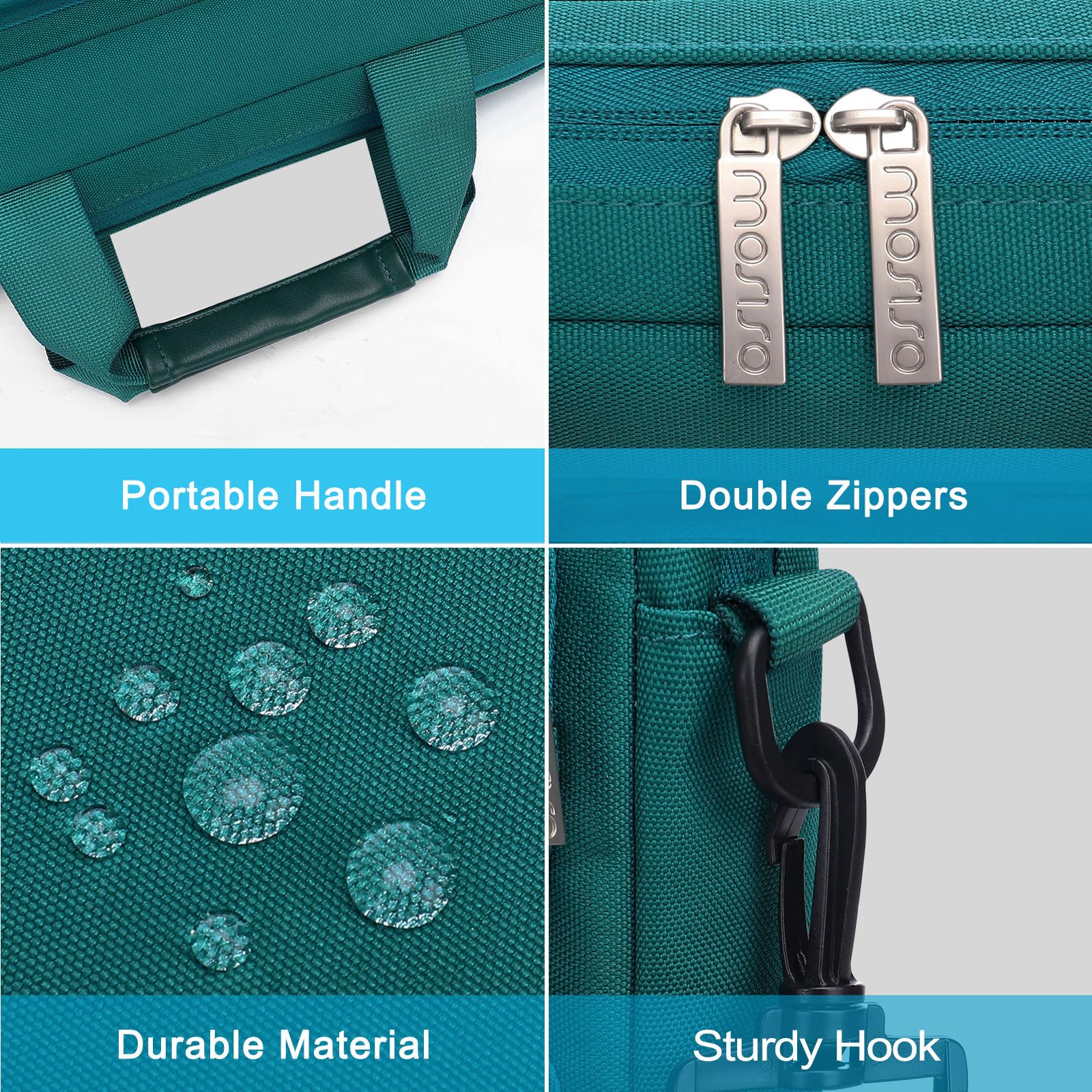MOSISO Laptop Shoulder Bag Compatible with MacBook Air 15 M4 M3 M2/Pro 16 inch M4 M3 M2 M1,15-15.6 inch Notebook with 2 Raised&1 Flapover&1 Horizontal Pocket&Handle&Belt, Teal Green