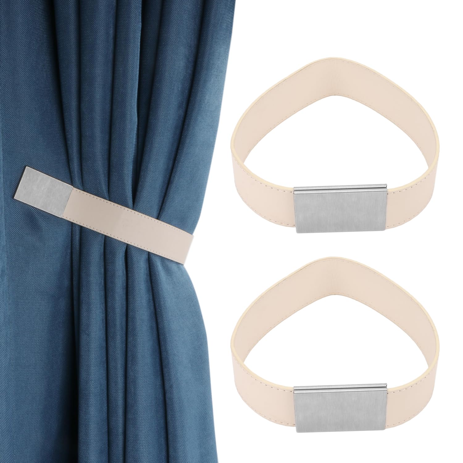 Magnetic Curtain Tiebacks Leather Curtain Outdoor Ties Modern Tie Backs Drapes Curtains Buckle Drapery Holdbacks for Home Office Cafe Balcony Decor 2 Pcs (Rice White)
