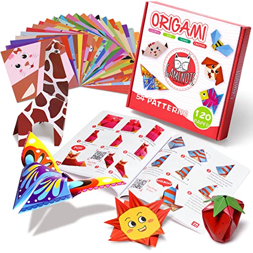 Gamenote Colorful Origami Kit for Kids 54 Projects 120 Double Sided Origami Paper 12 Sheets Practice Papers Instructional Origami Book Origami gift for Kids Ages 4-12 Adult Beginners Training Craft