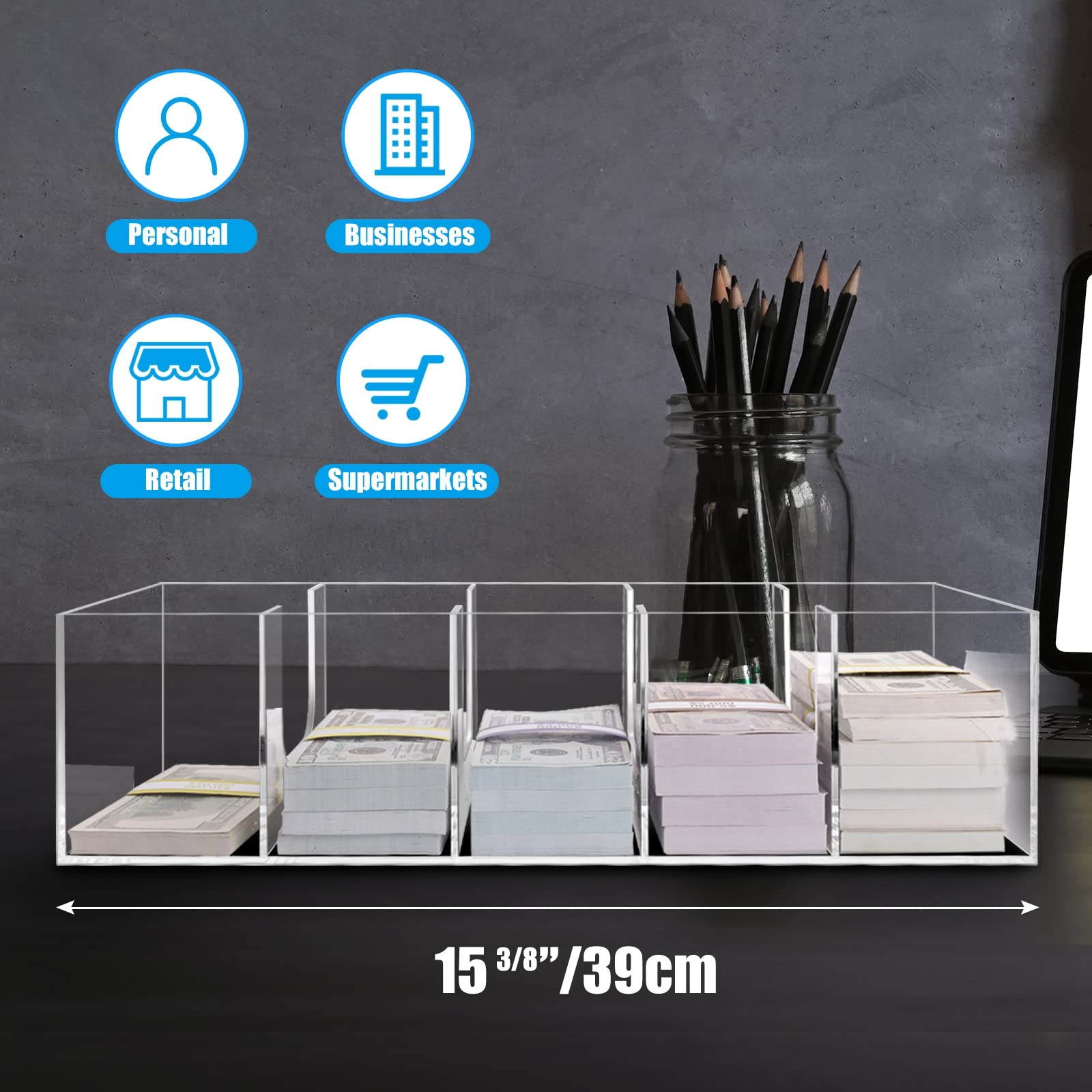 Mczxon Clear Cash Tray With 300 Currency Wrappers, Acrylic Money Organizer Storage Change Box Case - 5 Compartments