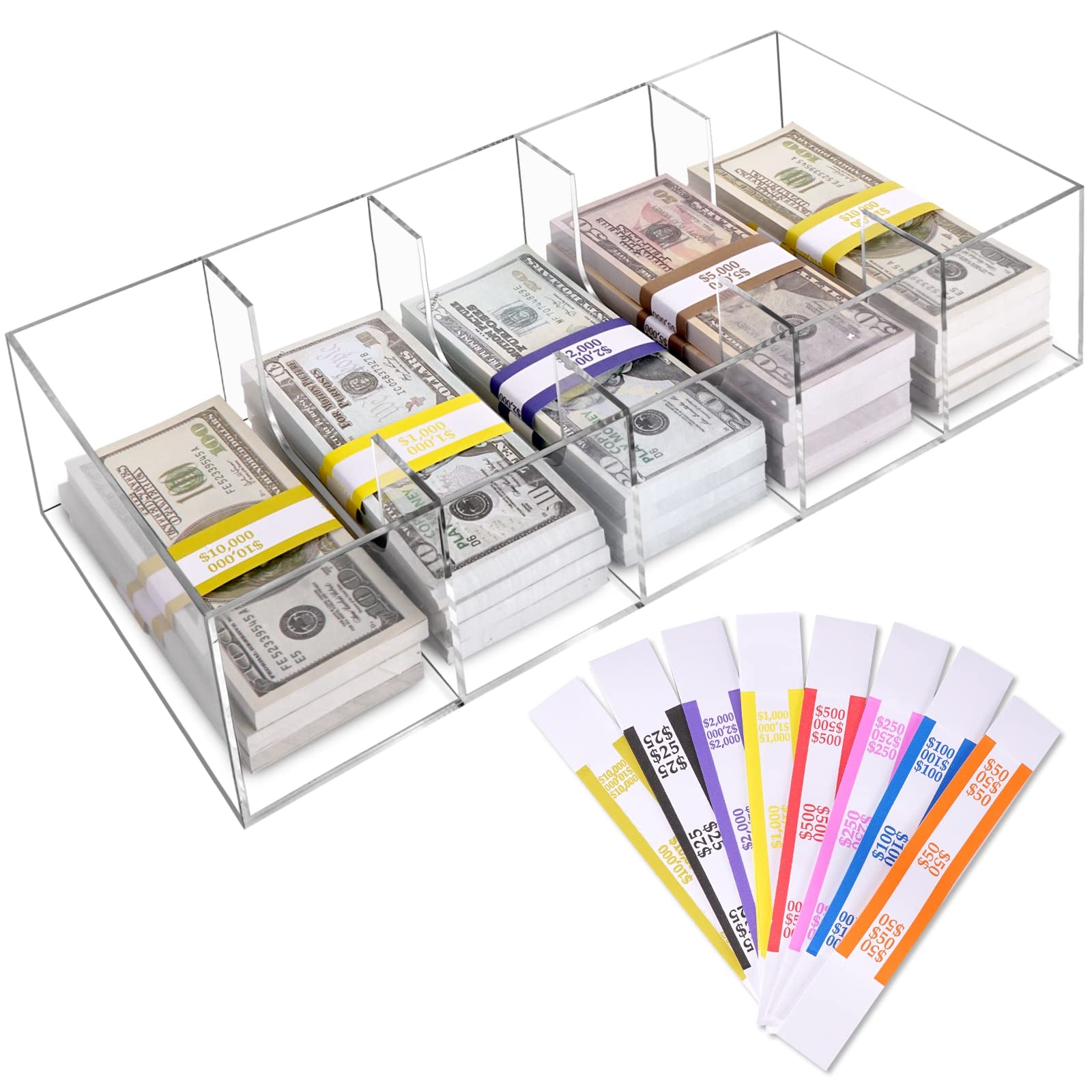 Mczxon Clear Cash Tray With 300 Currency Wrappers, Acrylic Money Organizer Storage Change Box Case - 5 Compartments