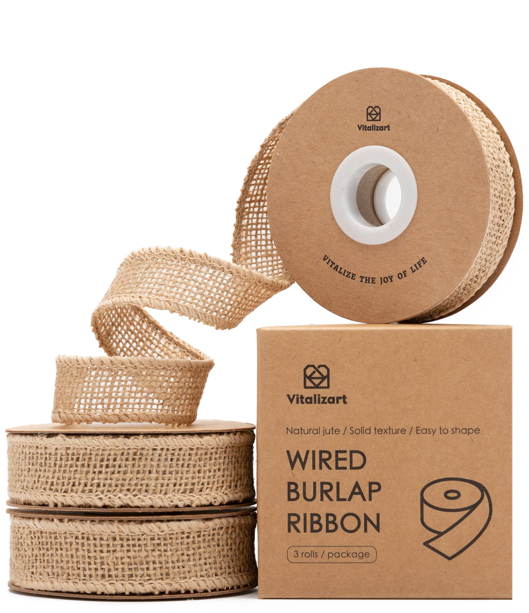 Vitalizart Burlap Ribbon Wired 1 Inch x 12 Yard Natural Burlap Fabric Jute Ribbon for Gift Wrapping Home Decor Wedding Decor Fall Decor Burlap Bows Flower Bouquet Christmas Tree