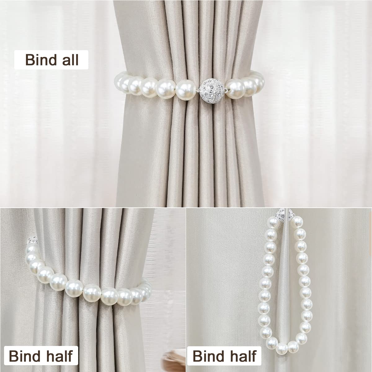 Canjuxk Magnetic Curtain Tiebacks, 4 Pack Pearl Drapery Tie Backs Weave Holder for Window Draperies Hold Curtains Drape Ties Backs Holdback, Bedroom Home Decor