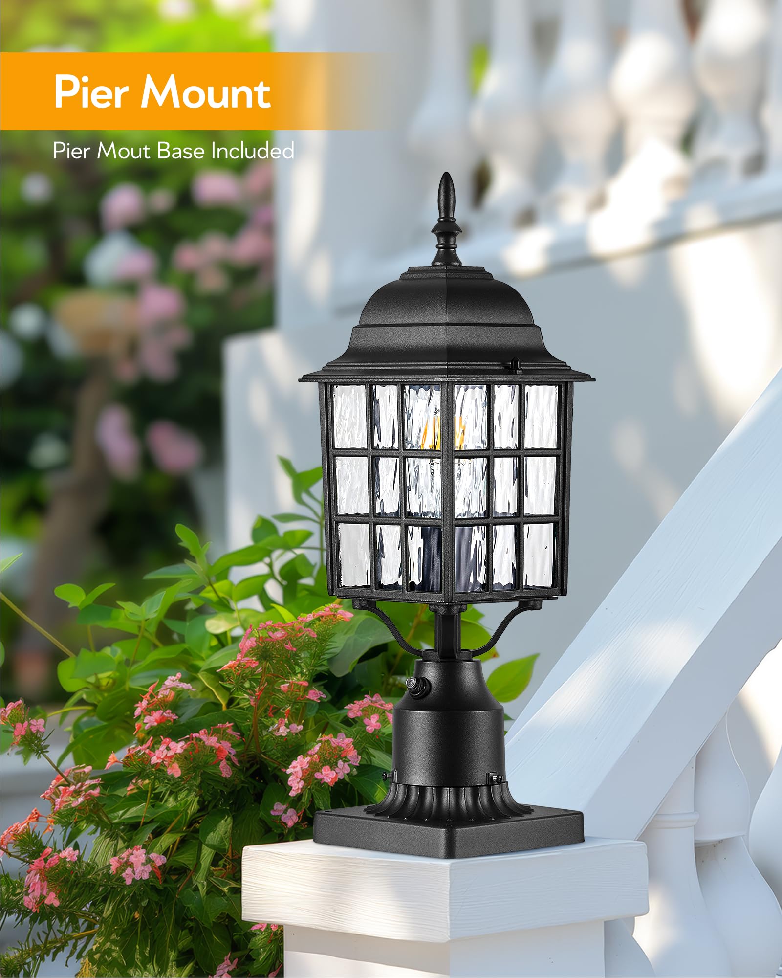 VIANIS Lamp Post Light Fixture with Mount Base, Modern Black Exterior Post Lantern Fixture with Tempered Glass, Anti-Rust Aluminum Light Posts for Outside for Driveway, Backyard Patio Garden, E26