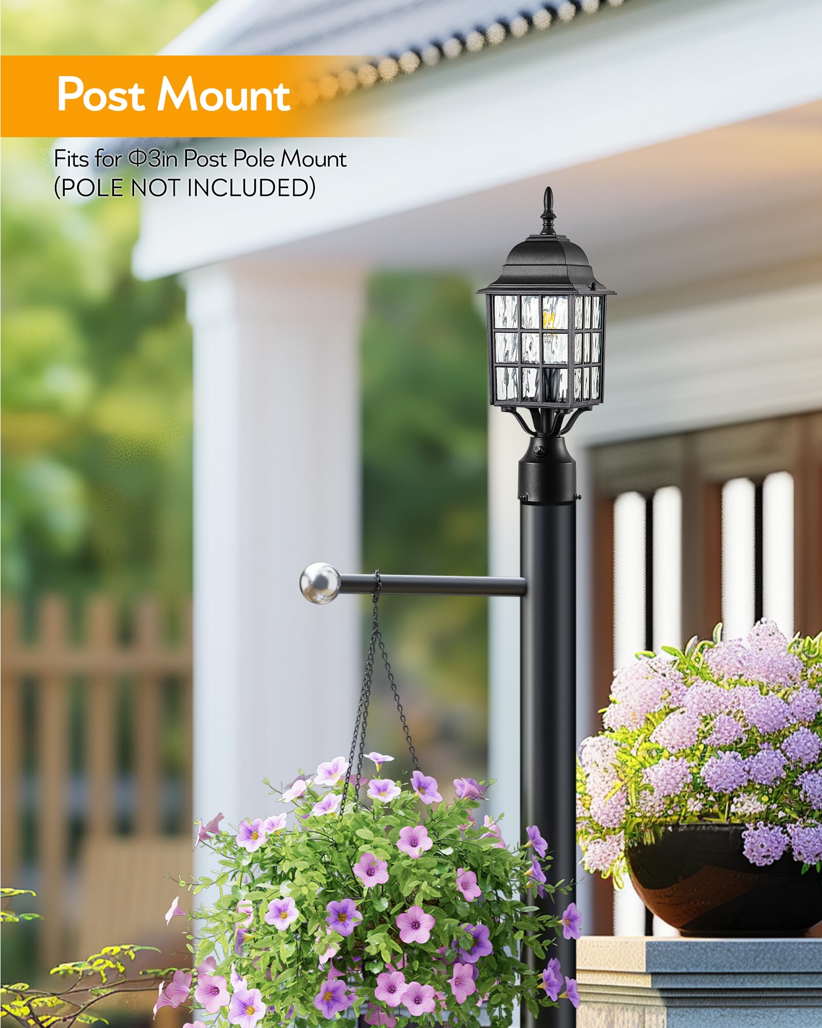 VIANIS Lamp Post Light Fixture with Mount Base, Modern Black Exterior Post Lantern Fixture with Tempered Glass, Anti-Rust Aluminum Light Posts for Outside for Driveway, Backyard Patio Garden, E26