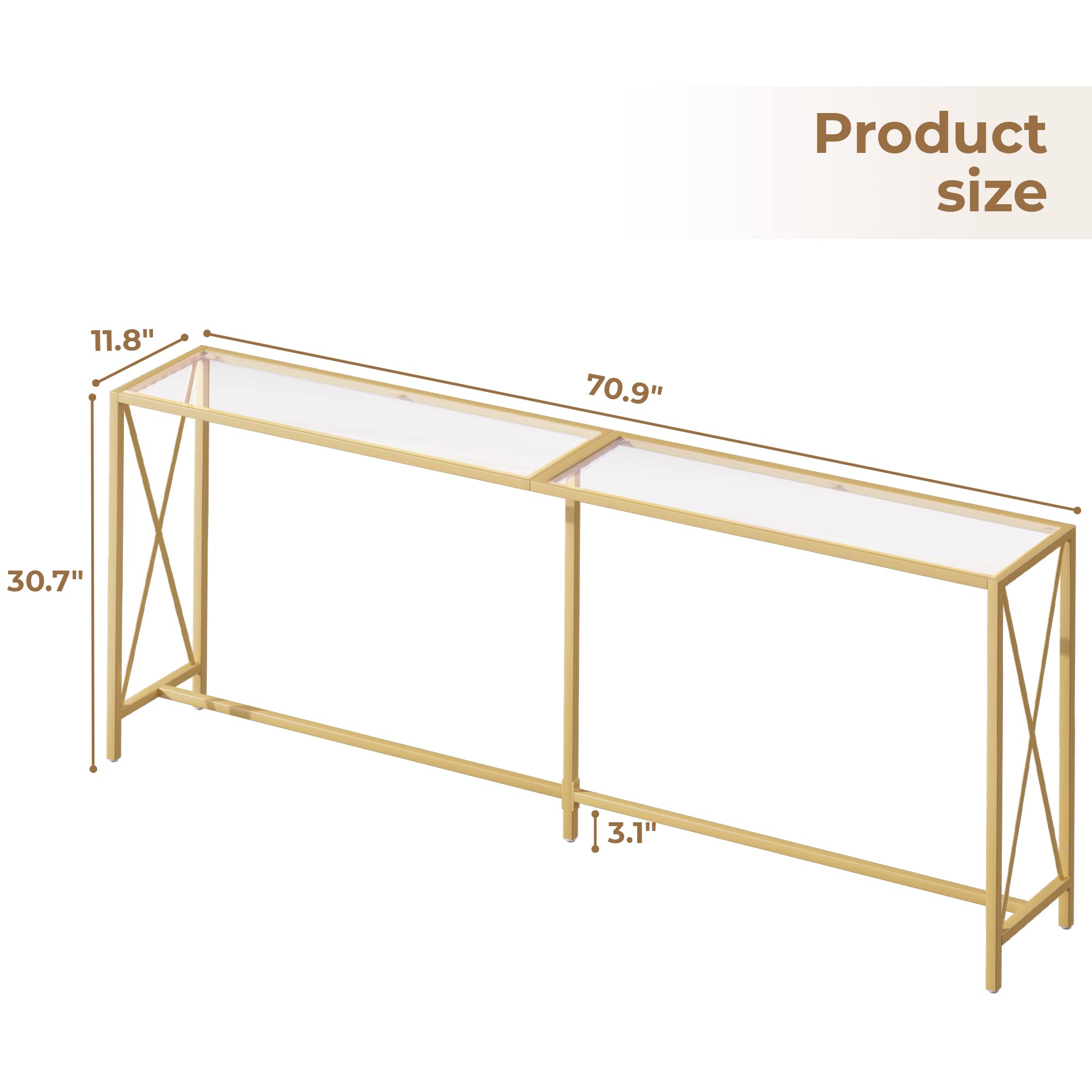SUPERJARE 70 Inch Console Table with LED Light Strips, Gold Entryway Table with Tempered Glass, Sofa Table, Hallway Table for Entryway, Rubber Pads, for Living Room, Front Door, Gold