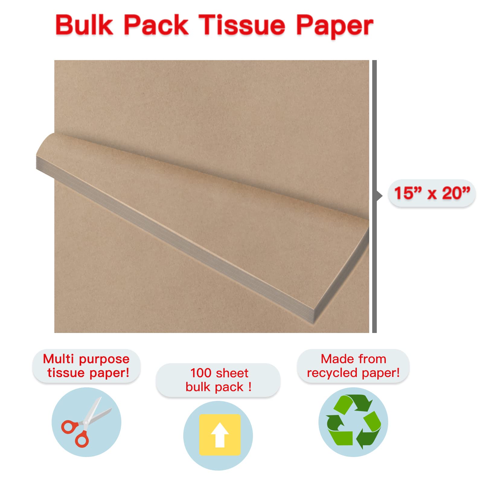 Packanewly Bulk Gift Wrapping Tissue Paper, 100 Sheets Kraftt Brown, 15 x 20 Inch Gift Wrap Paper for Art Craft Festival Birthday Party Floral Pompom