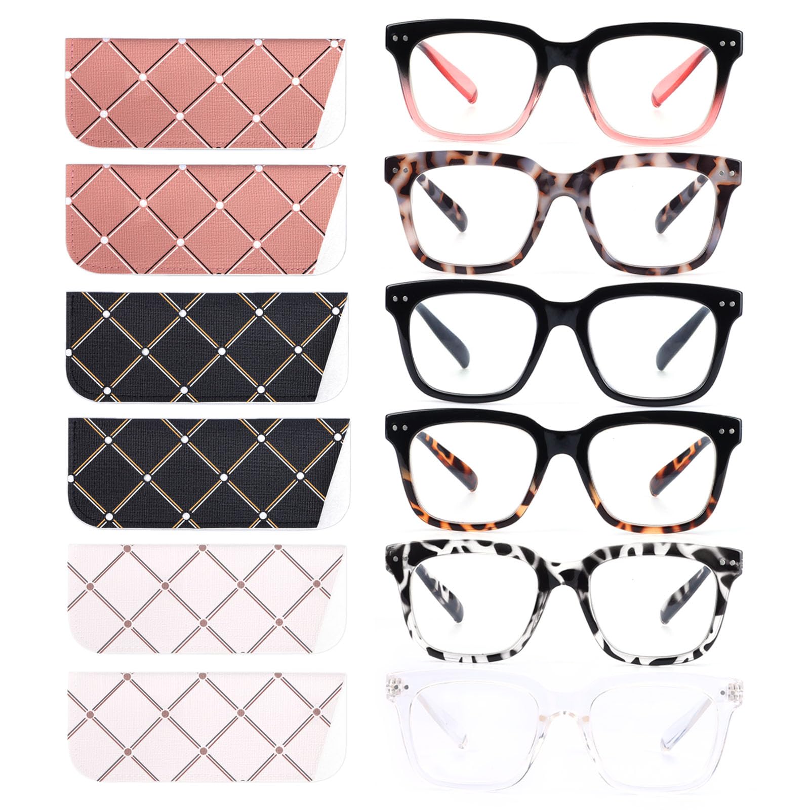 CHOFILORD 6 Pack Fashion Reading Glasses for Women Men Blue Light Blocking Oversized Square Readers with Spring Hinge (6 Pack Mix, 1.75)