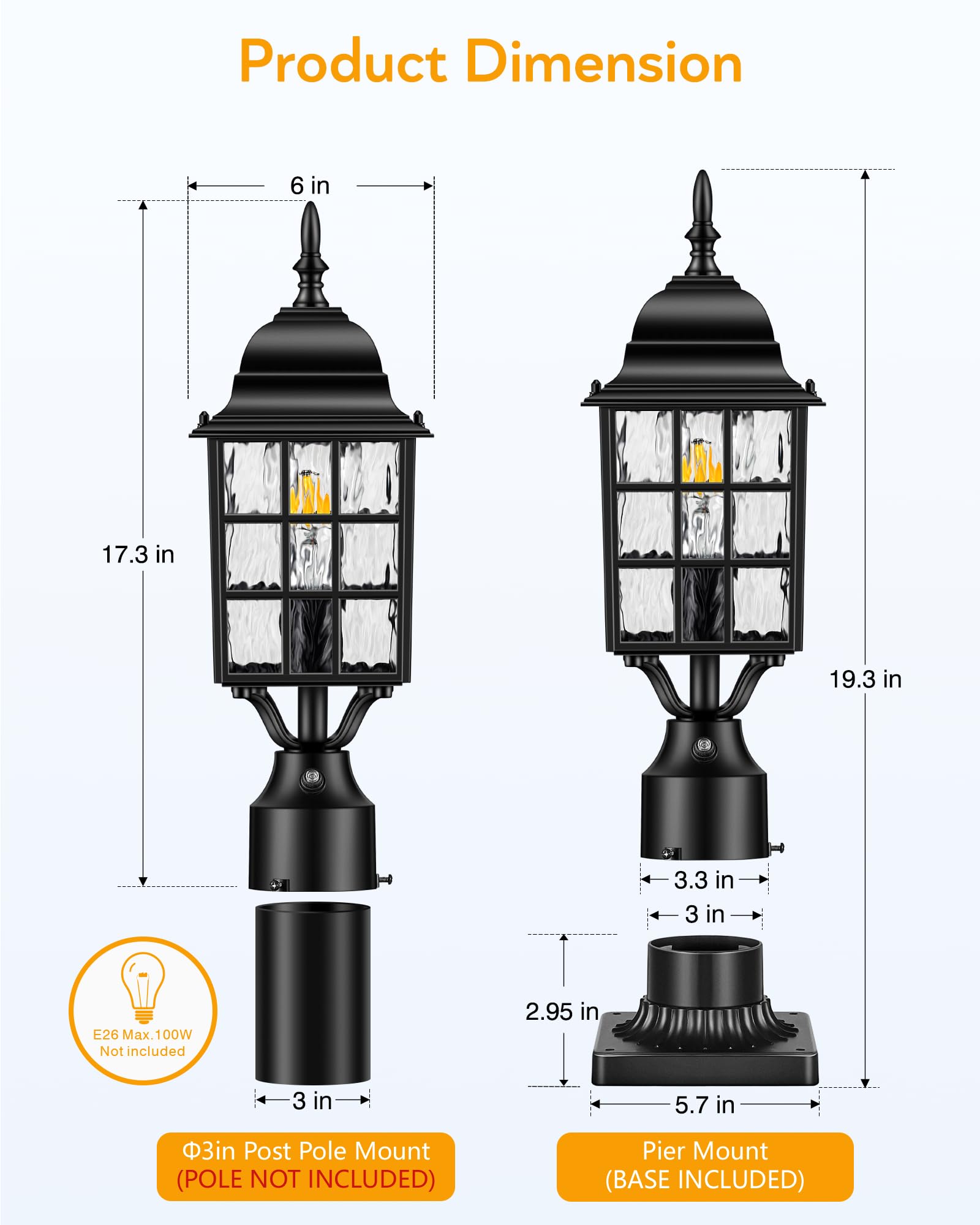 VIANIS Lamp Post Light Fixture with Mount Base, Modern Black Exterior Post Lantern Fixture with Tempered Glass, Anti-Rust Aluminum Light Posts for Outside for Driveway, Backyard Patio Garden, E26