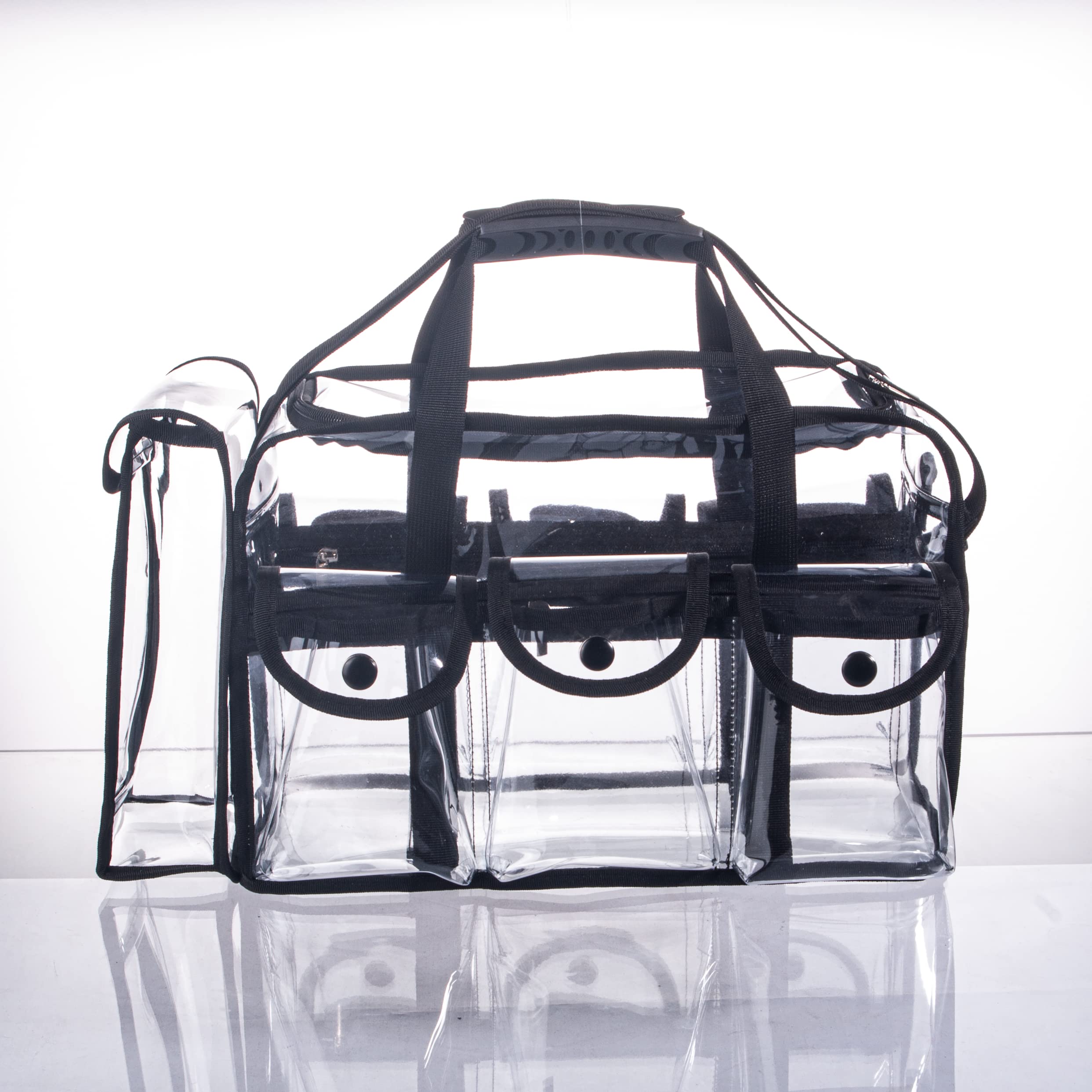 Wide Open Large Professional Clear PVC Travel Makeup Artist Set Bag Cosmetic Nails Beauty Bag Transparent Vinyl Tool Organizer Work Bag Beach Bag Diaper Bag with 6 External Pockets & Strap (Black)
