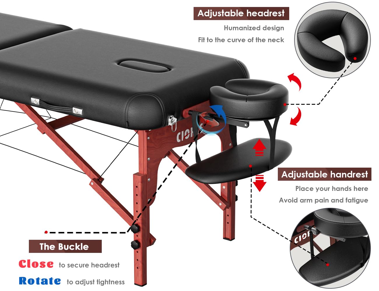 CLORIS 84" Professional Massage Table Portable 2 Folding Lightweight Facial Salon Spa Tattoo Bed Height Adjustable with Carrying Bag & Wooden Leg Hold Up to 1100LBS