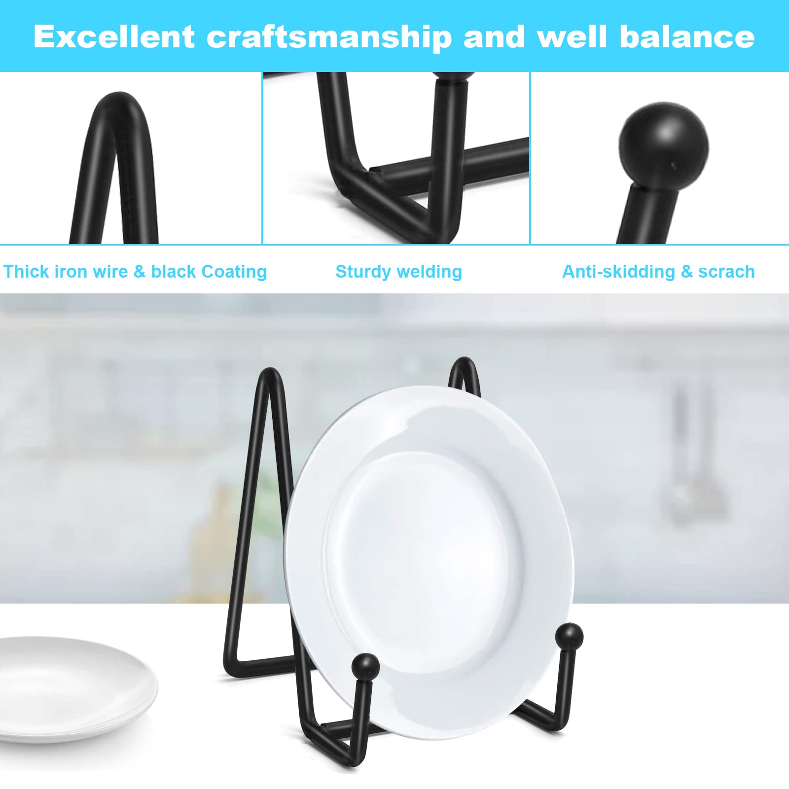 Ouskr 4 Pcs 4-1/4 Inch Plate Stands for Display, Metal Iron Picture Frame Holders Stand for Book Photo Small Easels Plaque Dish Art Tabletop Decorative Black