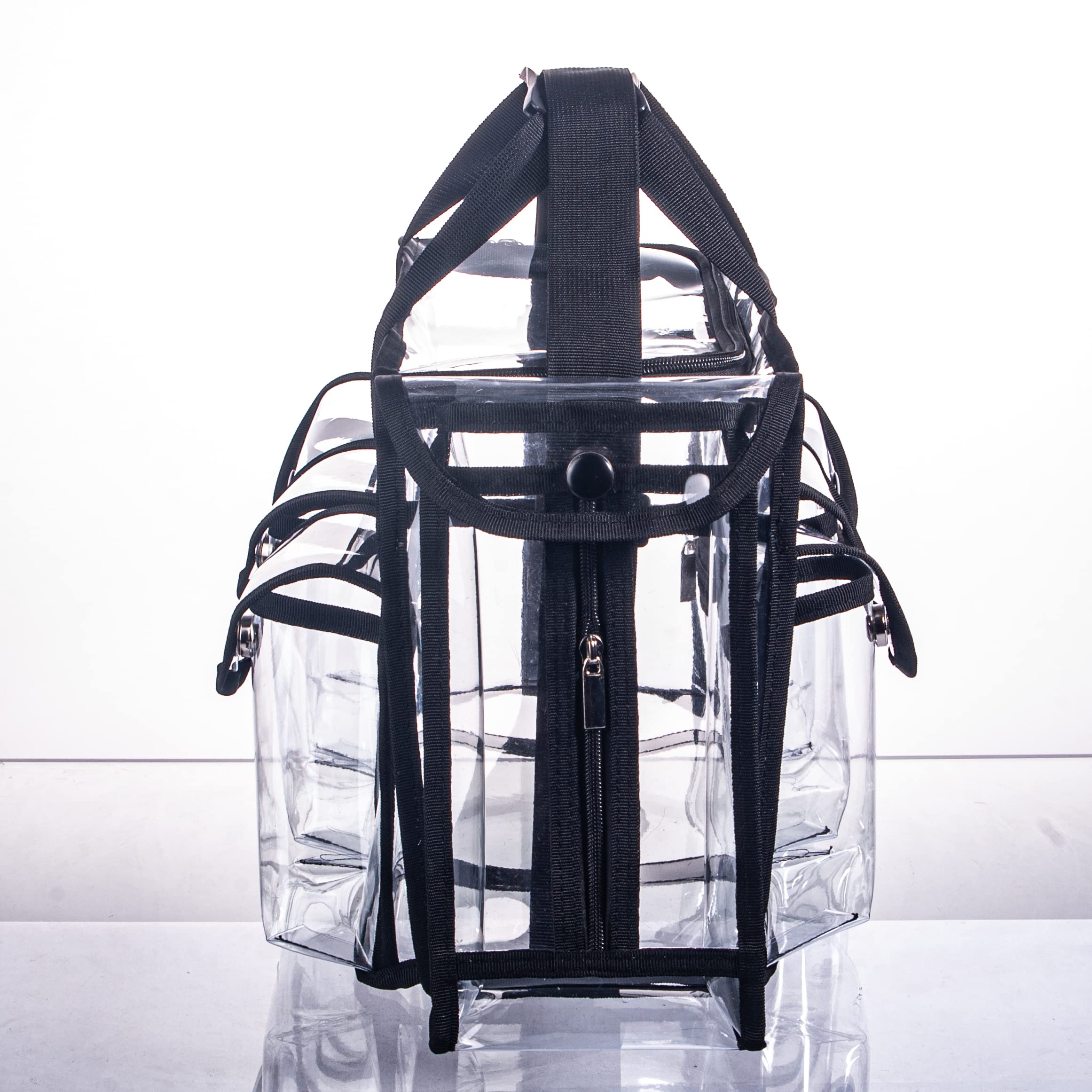 Wide Open Large Professional Clear PVC Travel Makeup Artist Set Bag Cosmetic Nails Beauty Bag Transparent Vinyl Tool Organizer Work Bag Beach Bag Diaper Bag with 6 External Pockets & Strap (Black)