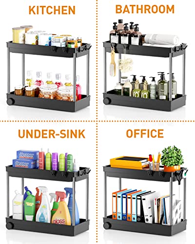 Under Sink Organizer, 2 Tier Under Bathroom Cabinet Storage, Pull Out Under Sink Storage Rack, Under Cabinet Organizer and Storage with Hooks, Multi-purpose Shelf Organizer for Bathroom/Kitchen