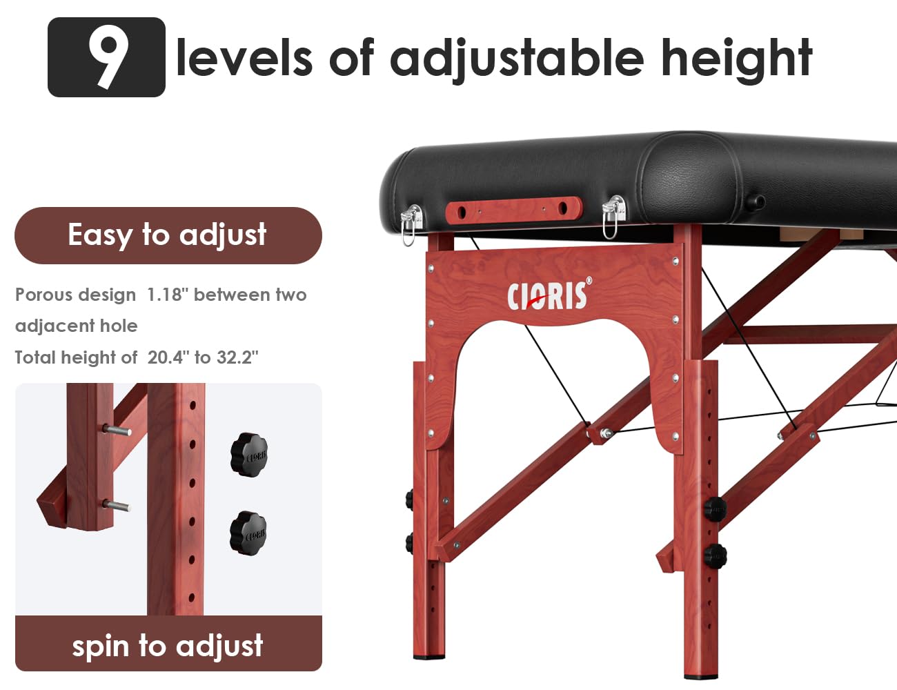 CLORIS 84" Professional Massage Table Portable 2 Folding Lightweight Facial Salon Spa Tattoo Bed Height Adjustable with Carrying Bag & Wooden Leg Hold Up to 1100LBS