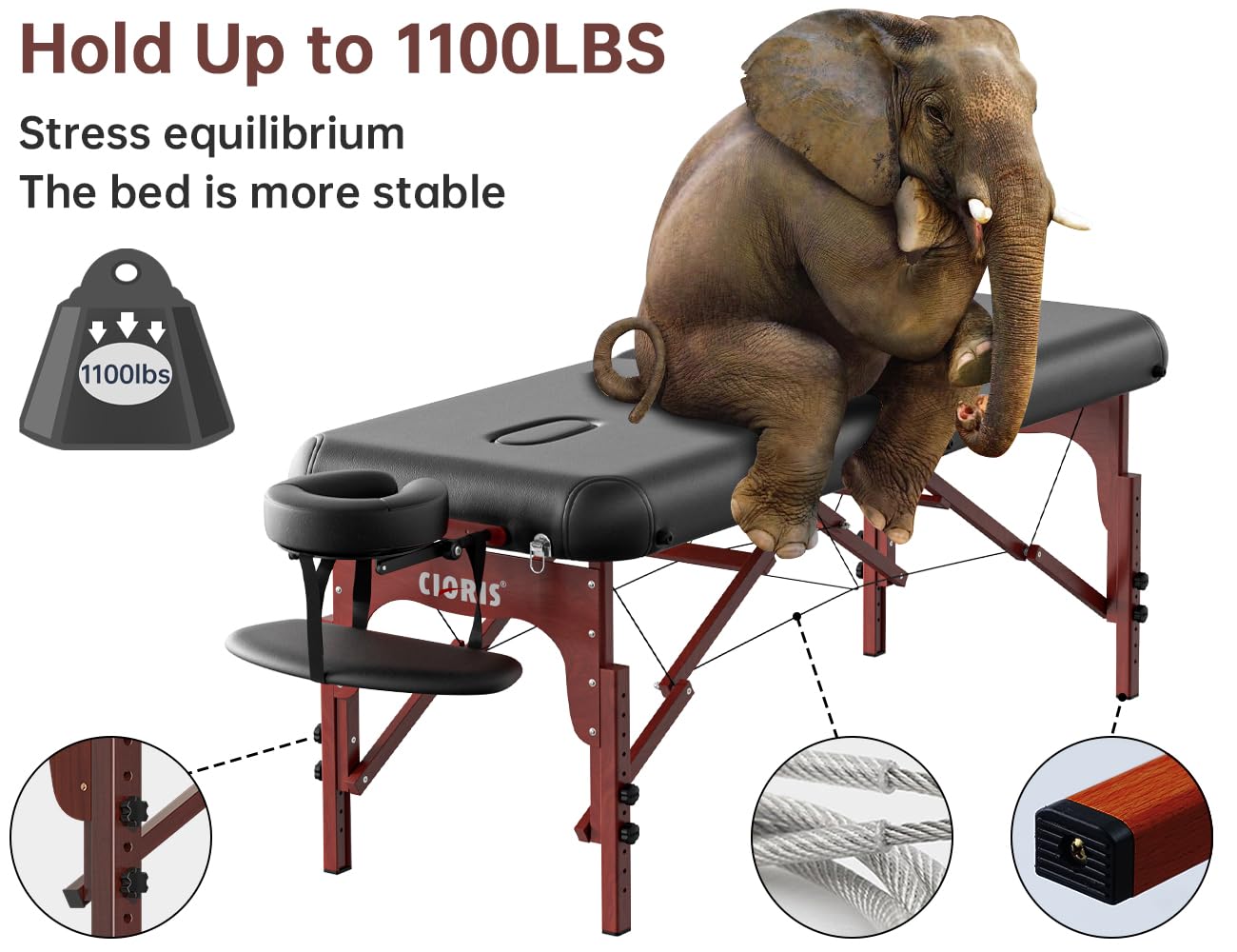 CLORIS 84" Professional Massage Table Portable 2 Folding Lightweight Facial Salon Spa Tattoo Bed Height Adjustable with Carrying Bag & Wooden Leg Hold Up to 1100LBS