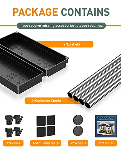 Under Sink Organizer, 2 Tier Under Bathroom Cabinet Storage, Pull Out Under Sink Storage Rack, Under Cabinet Organizer and Storage with Hooks, Multi-purpose Shelf Organizer for Bathroom/Kitchen