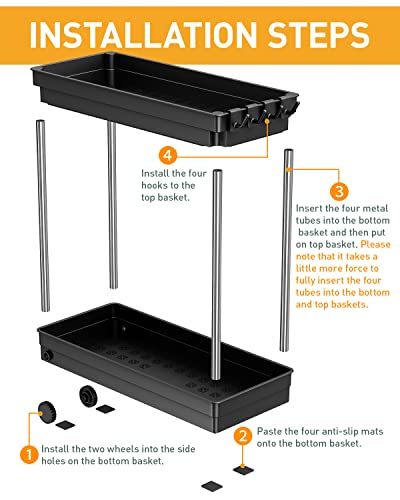 Under Sink Organizer, 2 Tier Under Bathroom Cabinet Storage, Pull Out Under Sink Storage Rack, Under Cabinet Organizer and Storage with Hooks, Multi-purpose Shelf Organizer for Bathroom/Kitchen
