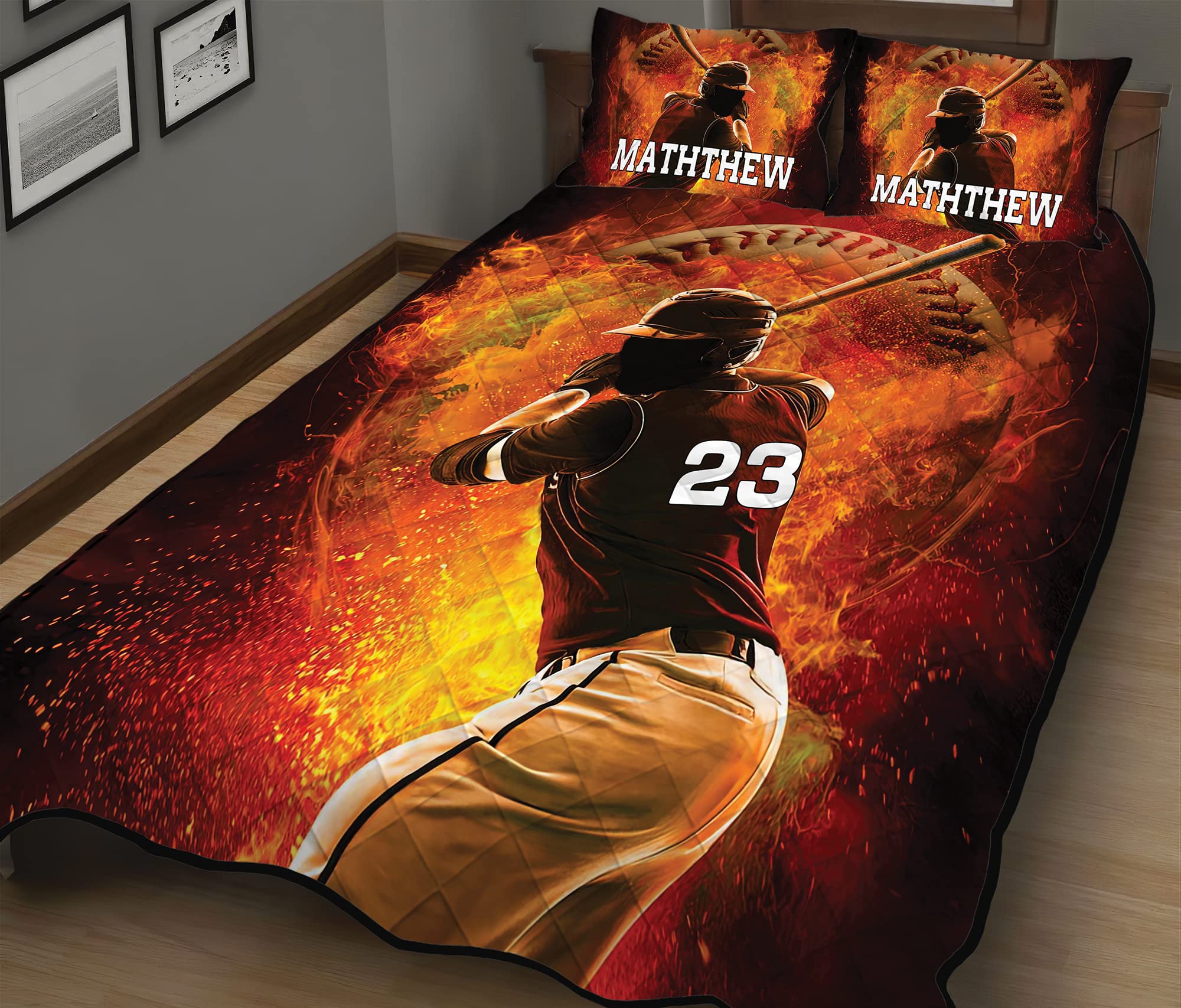 COZZBED Custom Flame Baseballer Quilt Set with Your Name, Baseball Bedding King Queen Twin Throw, Boys Baseball Comforter Set, Super Soft Lightweight All Season Baseball Blanket Bedspreads