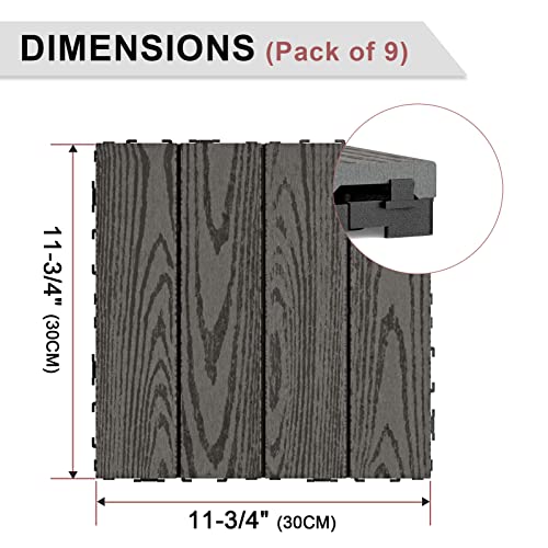 VANCASTLE 9PCS Wood Plastic Composite Interlocking Deck Tiles 11.8"x11.8", Patio Flooring Outdoor Waterproof All Weather Use, Wood Flooring for Patio Garden Poolside Front/Back Yard, Dark Grey