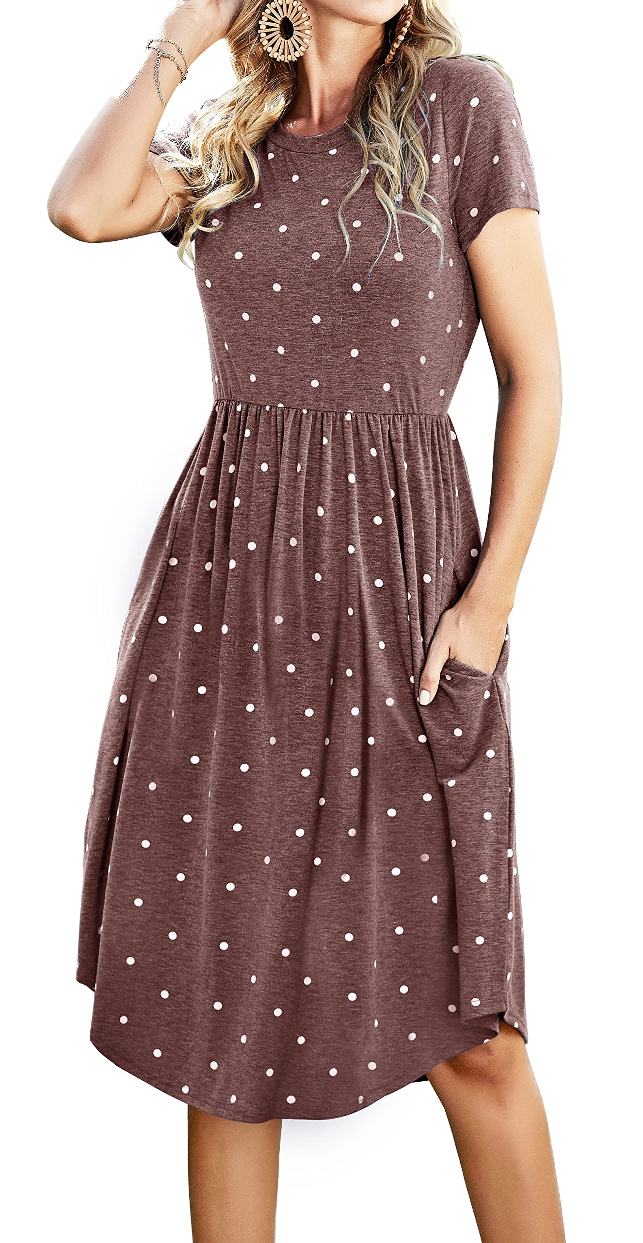 Women Summer Cute Short Sleeve Pocket Midi Knee Casual Dress Polka Dot Brown XXL