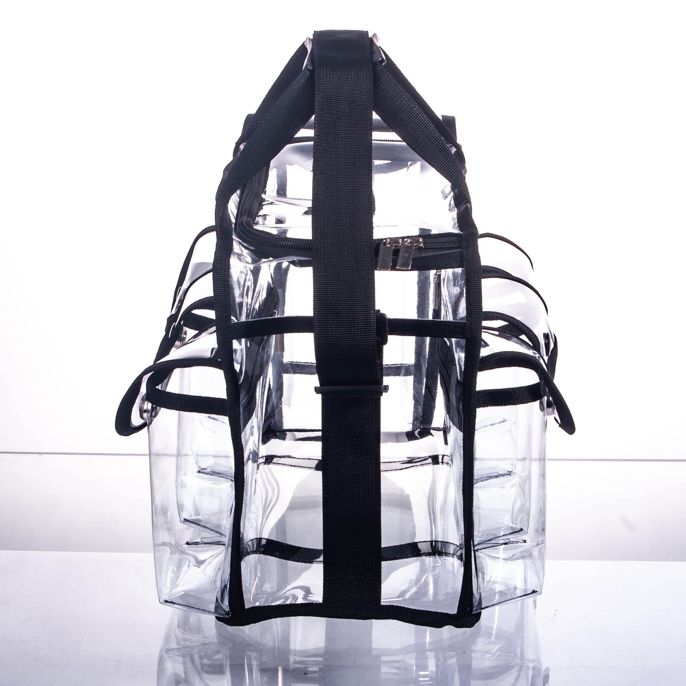 Wide Open Large Professional Clear PVC Travel Makeup Artist Set Bag Cosmetic Nails Beauty Bag Transparent Vinyl Tool Organizer Work Bag Beach Bag Diaper Bag with 6 External Pockets & Strap (Black)