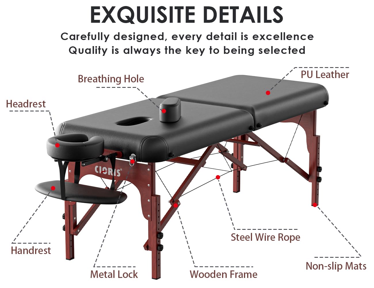 CLORIS 84" Professional Massage Table Portable 2 Folding Lightweight Facial Salon Spa Tattoo Bed Height Adjustable with Carrying Bag & Wooden Leg Hold Up to 1100LBS