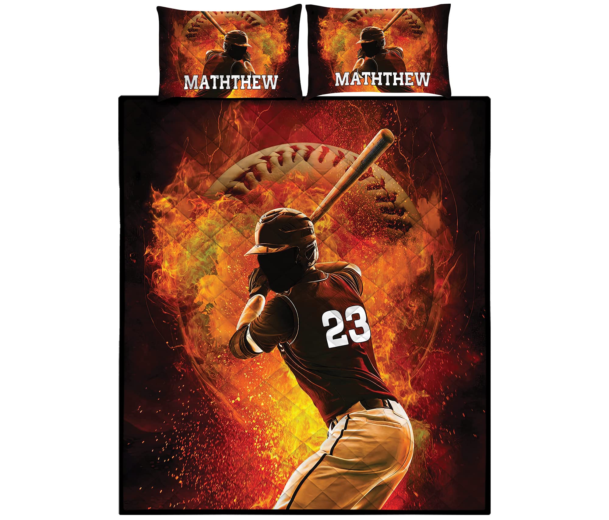 COZZBED Custom Flame Baseballer Quilt Set with Your Name, Baseball Bedding King Queen Twin Throw, Boys Baseball Comforter Set, Super Soft Lightweight All Season Baseball Blanket Bedspreads
