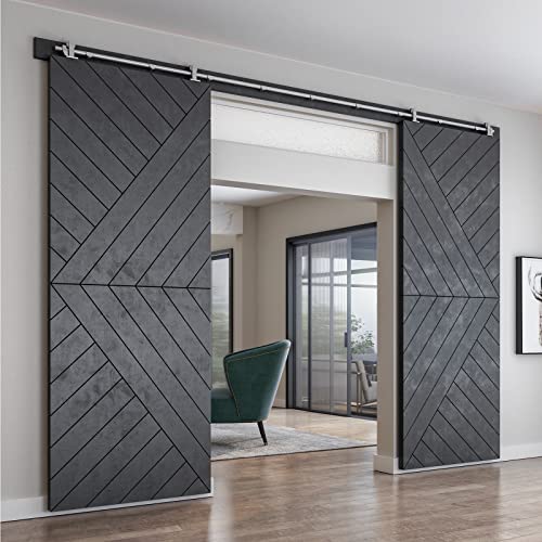 SMARTSTANDARD 12 Feet Top Mount Double Sliding Hardware Kit-Stainless Steel Heavy Duty Sturdy Barn Track-Simple and Easy to Install-Fit 36β Wide Door Panel (T Shape Hanger)