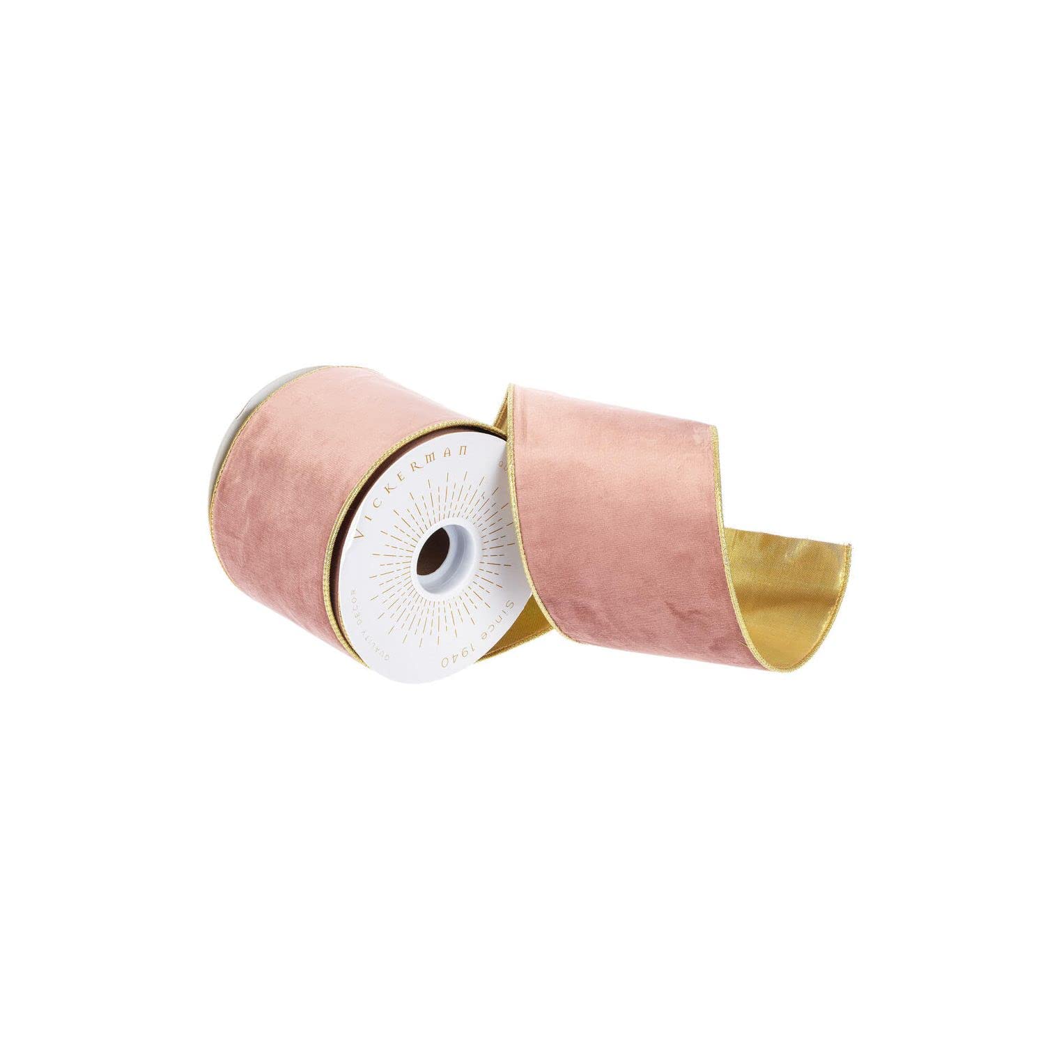 Vickerman 4" x 10 Yards Chalk Pink/Gold Velvet Wired Edge Christmas Ribbon.