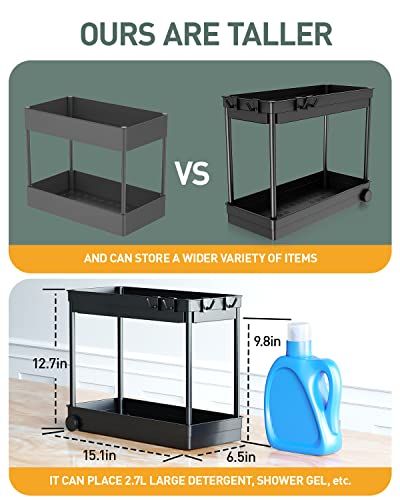 Under Sink Organizer, 2 Tier Under Bathroom Cabinet Storage, Pull Out Under Sink Storage Rack, Under Cabinet Organizer and Storage with Hooks, Multi-purpose Shelf Organizer for Bathroom/Kitchen
